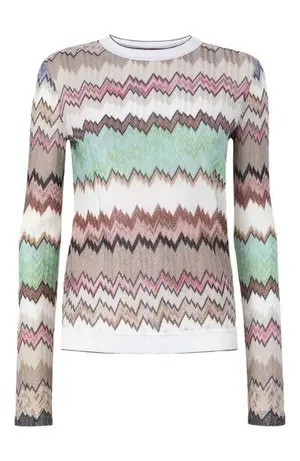 Missoni Crew-neck Knit Top In Viscose Lamé With Contrast Trims - Green& Brown