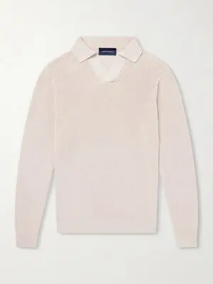 Thom Sweeney Cotton Long Sleeve Polo - Neutrals