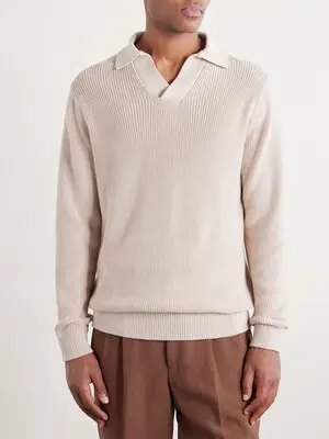 Thom Sweeney Cotton Long Sleeve Polo - Neutrals