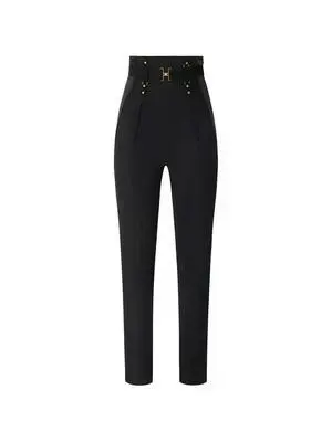Elisabetta Franchi High-waisted Slim Fit Trousers With Satin Inserts And Logo Belt - Black