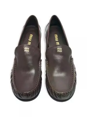 Miu Miu Pleated Detail Leather Loafers - Brown
