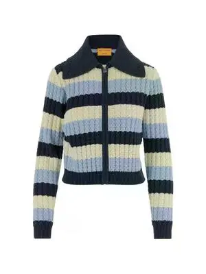 Guest In Residence Kirby Striped Wide-collar Zip-up Knit Jacket - Blue
