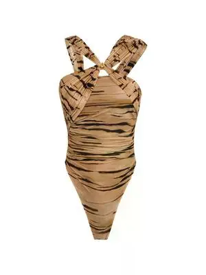 Elisabetta Franchi Jersey Bodysuit With Tiger Print And Jeweled Clasp - Neutrals