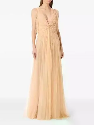Elisabetta Franchi Tulle Cap Sleeve V-neck Maxi Dress With Rhinestone Embellishment - Neutrals