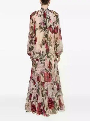NISSA Floral Print Silk Maxi Dress With Scarf Neckline