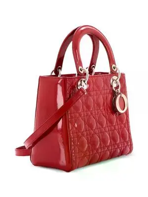 Dior Lady Cannage Quilt Patent Medium Satchel - Red