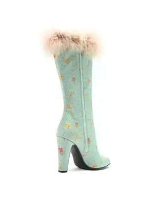 Valentino Garavani Hotty Boots In Chiné Fabric With Floral And Polka-dot Pattern And Feathers
