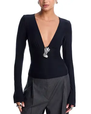 KATE BARTON V-neck Brooch Top - Navy