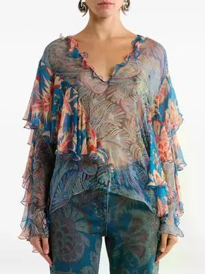 Etro Floral Print Silk Blouse With Ruffled Trims