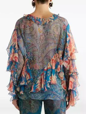 Etro Floral Print Silk Blouse With Ruffled Trims