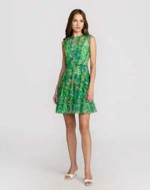Mac Duggal Sleeveless High Neck Ruffled Floral Mini Dress - Green