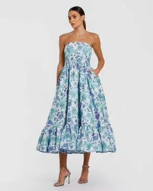 Mac Duggal Floral Brocade Strapless A-line Midi Dress - Blue