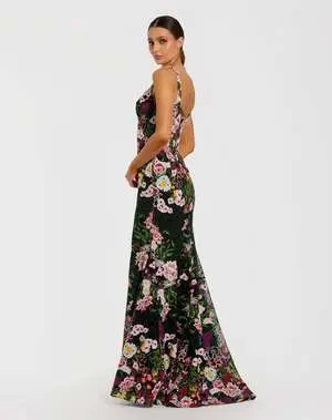 Mac Duggal Sleeveless Floral Embroidered Mermaid Gown