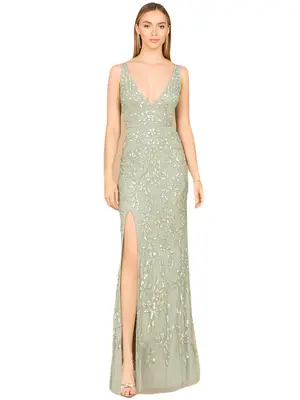 LARA NEW YORK Embellished Gown With Slit - Mint