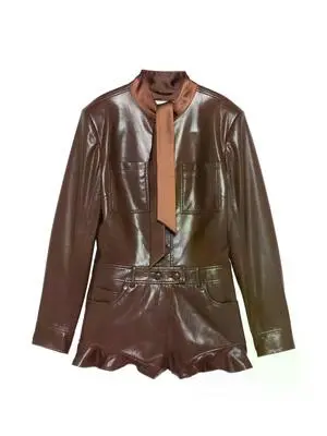 SELF-PORTRAIT Ruffle Tie Playsuit - Brown