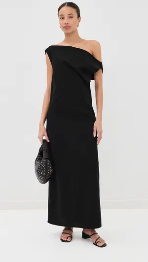 Co Draped Midi Dress With Off-the-shoulder Neckline