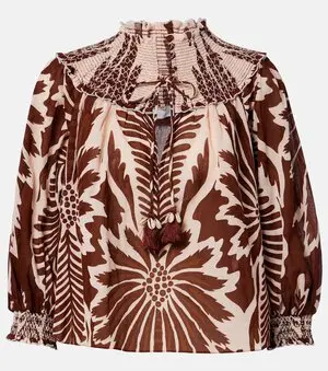 Poupette St Barth Ysee Printed Smocked Cotton Blouse - Brown