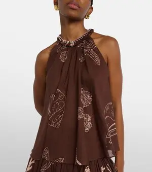 Poupette St Barth Cleo Printed Halterneck Cotton Top - Brown