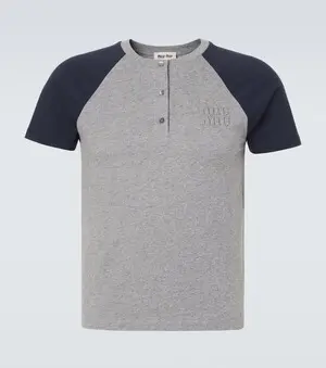 Miu Miu Logo Cotton Jersey Henley Shirt - Grey