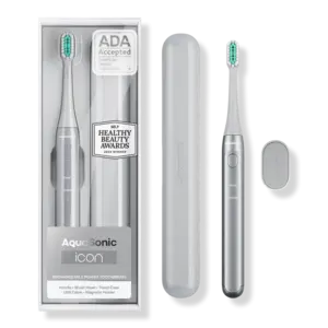 AQUASONIC Icon Rechargeable Electric Toothbrush With Magnetic Holder & Travel Case - Silver