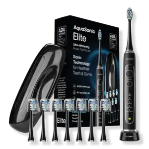 AQUASONIC Elite Rechargeable Electric Toothbrush With 8 Brush Heads & Travel Case - Black