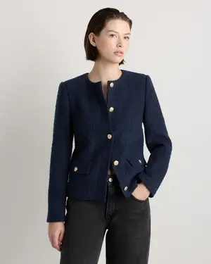 Quince Collarless Tweed Jacket - Deep Navy