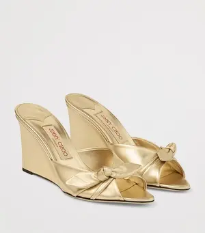JIMMY CHOO Livi 85 Leather Wedge Mules - Gold