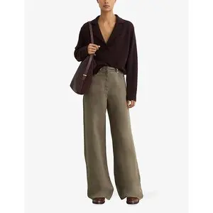 REISS Wide-leg Linen-blend Trousers - Khaki Green