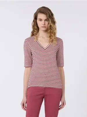 Max Mara Stretch Linen Jersey V-neck T-shirt - Cherry