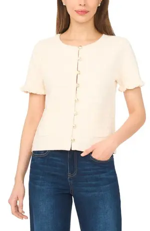 CECE DUPRAZ Short Sleeve Cotton Blend Cardigan - Eggnog