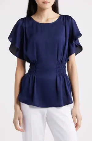 Anne Klein Flutter Sleeve Smocked Waist Top - Distant Mountain