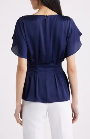 Anne Klein Flutter Sleeve Smocked Waist Top - Distant Mountain