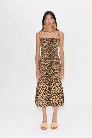 SIMONMILLER Canto Smocked Poplin Dress In Leopard Print
