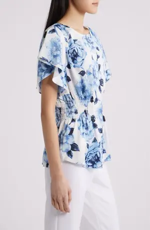 Anne Klein Flutter Sleeve Smock Waist Top - Crisp White Multi
