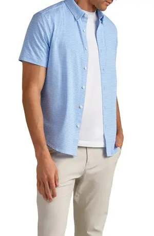 RHONE Commuter Short Sleeve Button-up Shirt - Light Blue Gingham