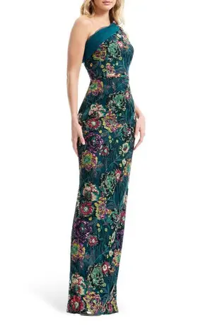 Dress The Population Sawyer Beaded Sequin One-shoulder Gown