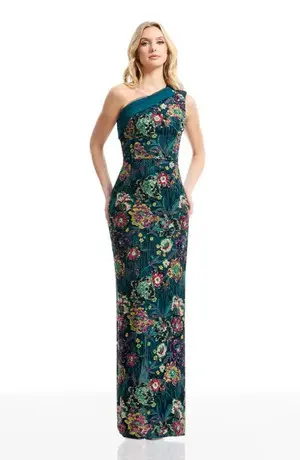 Dress The Population Sawyer Beaded Sequin One-shoulder Gown