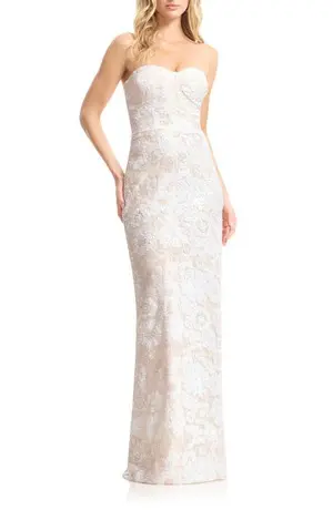 Dress The Population Vada Sequin Floral Strapless Column Gown - Off White Multi