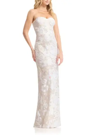 Dress The Population Vada Sequin Floral Strapless Column Gown - Off White Multi