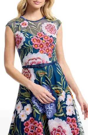 Dress The Population Floral Embroidery Cocktail Midi Dress