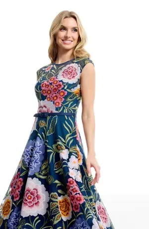 Dress The Population Floral Embroidery Cocktail Midi Dress