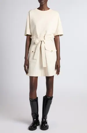 Moncler Hybrid Knit & Woven Drawstring Minidress - Neutral