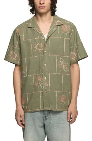 Lucky Brand Embroideree Slub Cotton Camp Shirt - Olive Multi