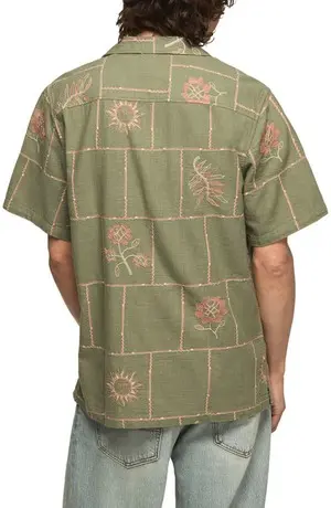 Lucky Brand Embroideree Slub Cotton Camp Shirt - Olive Multi