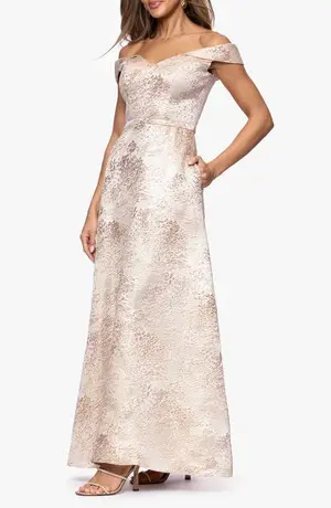 XSCAPE EVENINGS Jacquard Metallic Off-the-shoulder Ballgown - Blush/gold
