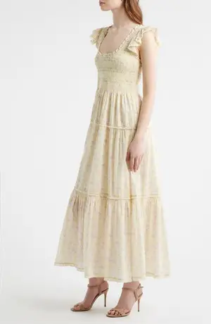 LoveShackFancy Chessie Floral Tiered Midi Dress - Lemon Spritz