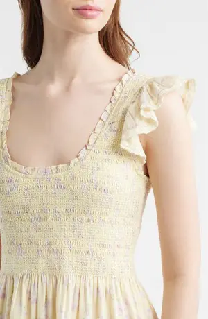 LoveShackFancy Chessie Floral Tiered Midi Dress - Lemon Spritz