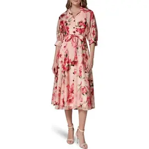 Donna Karan New York Floral Print Tie Waist Shirtdress - Geranium Multi