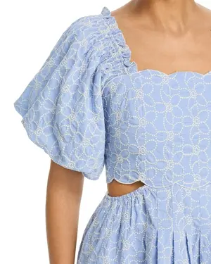 Aqua Embroidered Scallop Hem Mini Dress