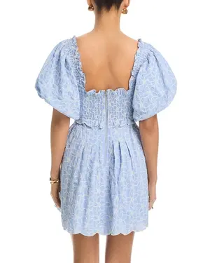 Aqua Embroidered Scallop Hem Mini Dress